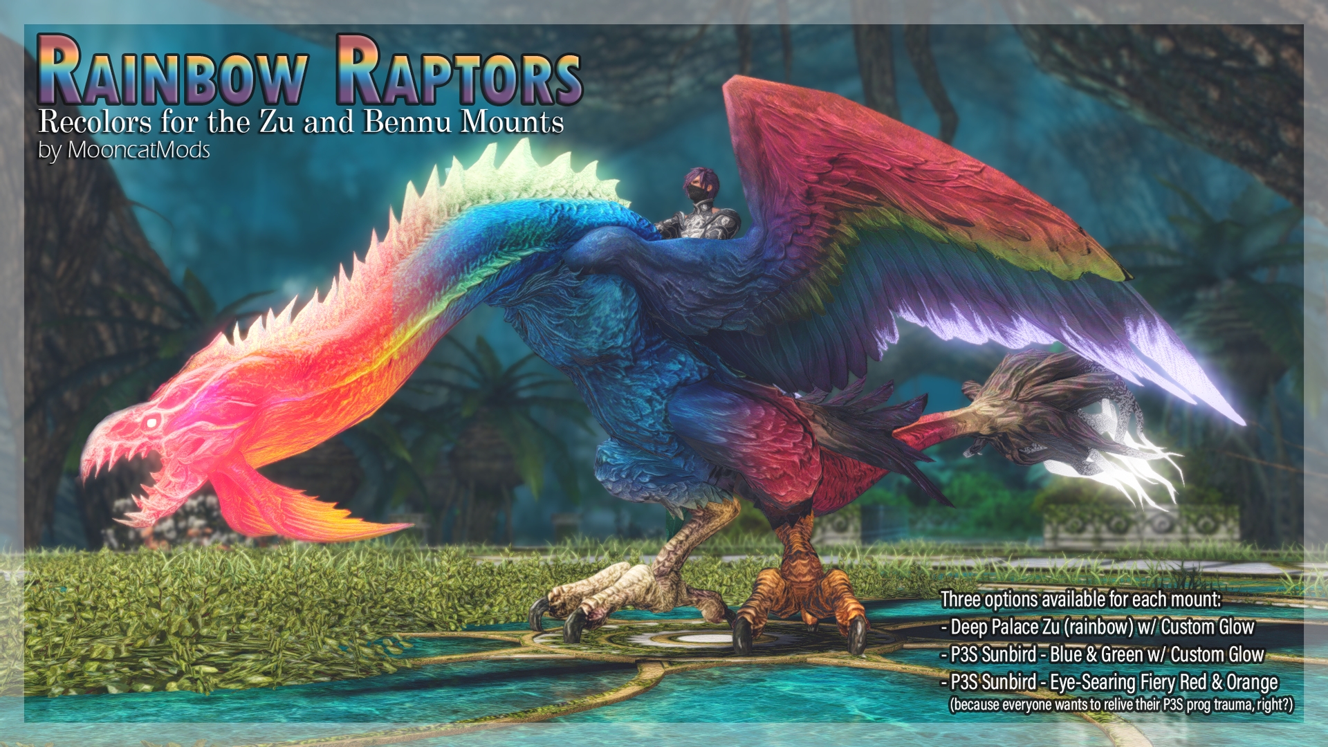 Rainbow Raptors - Recolors for the Zu & Bennu Mounts | XIV Mod Archive